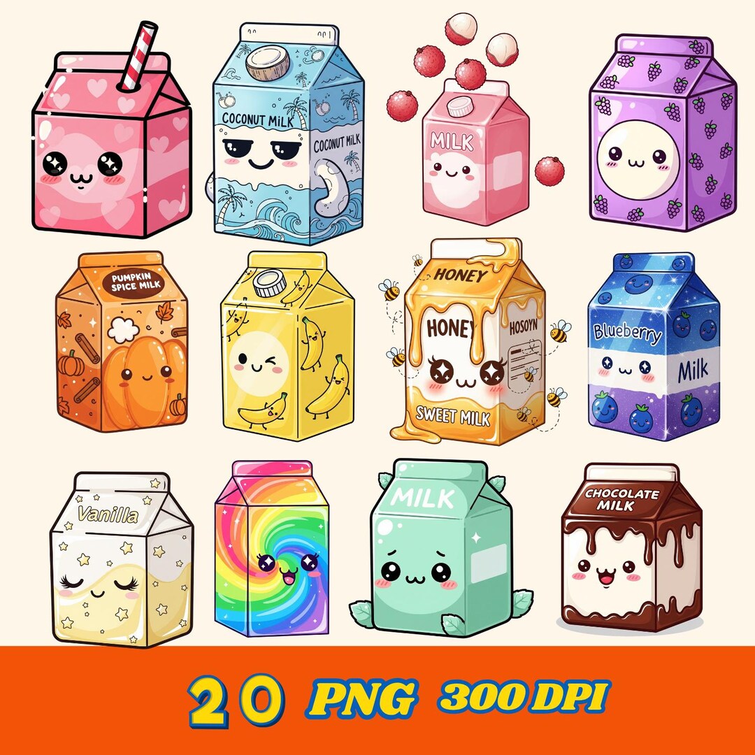 Kawaii Milk Carton Clipart Bundle – 20 Cute Flavored Milks | PNG 300 ...
