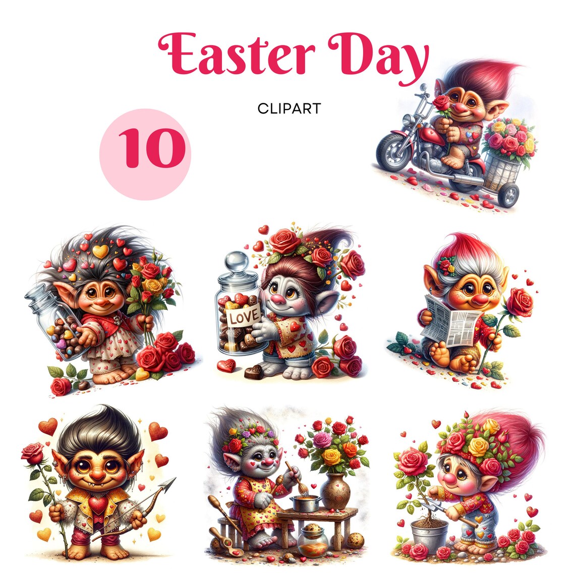 Troll Valentines Day Clipart, Watercolor Clipart, ,10 High Quality Pngs ...