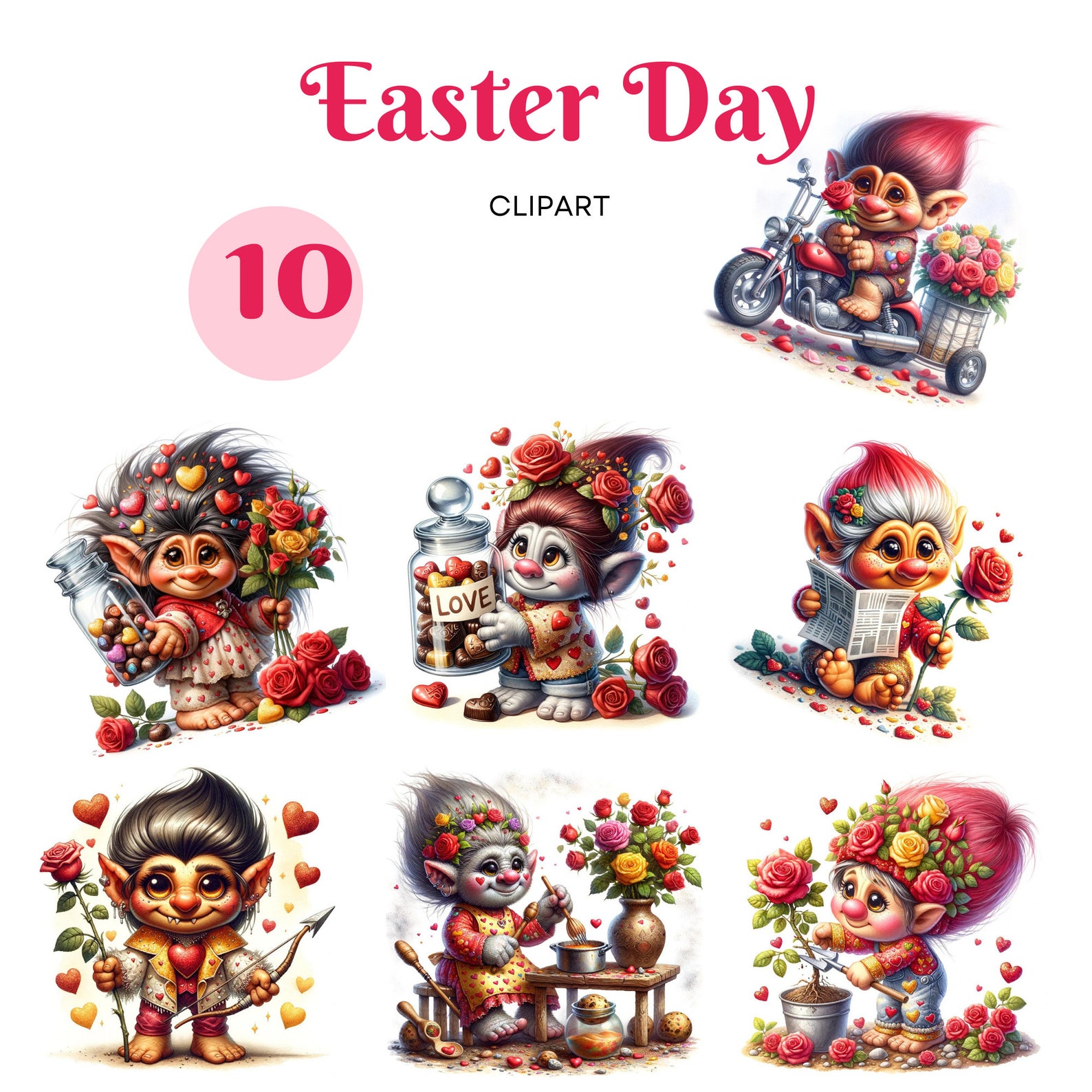 Troll Valentines Day Clipart, Watercolor Clipart, ,10 High Quality Pngs ...