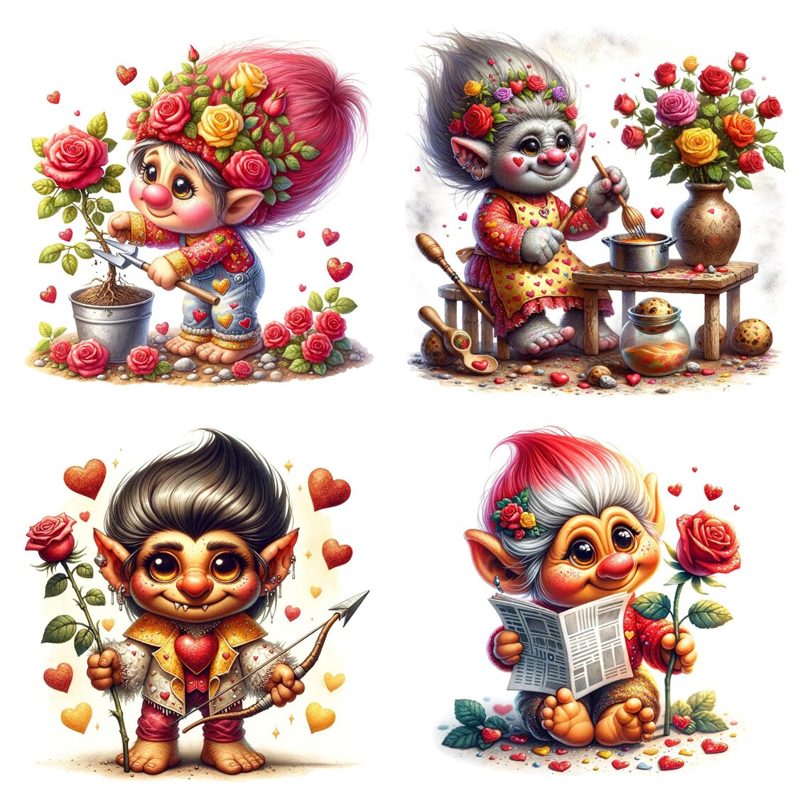 Troll Valentines Day Clipart, Watercolor Clipart, ,10 High Quality Pngs ...