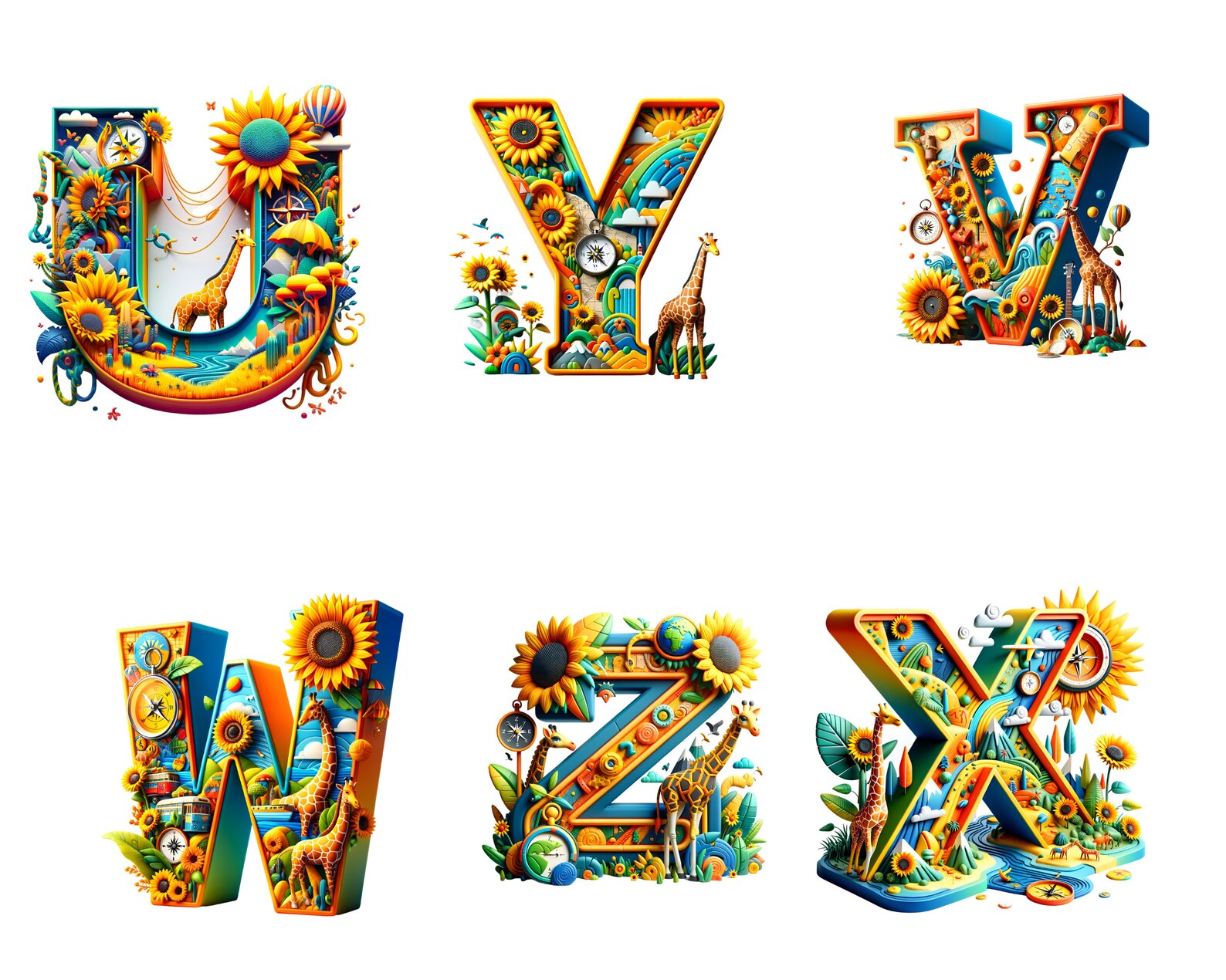 3D Sunflowers and Giraffes A-Z Alphabet, Letters Png, Alphabet Png ...