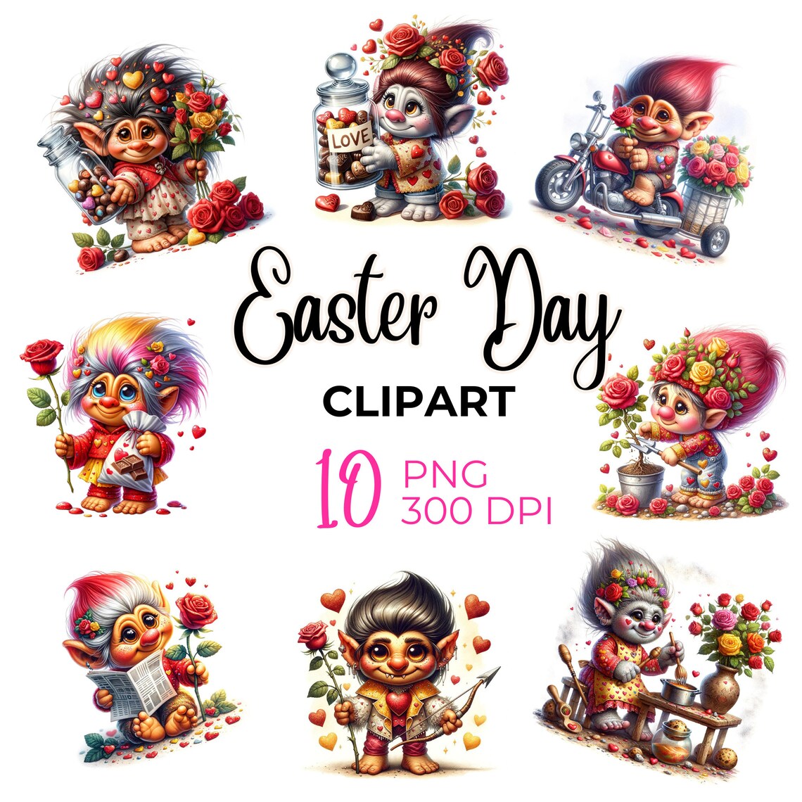 Troll Valentines Day Clipart, Watercolor Clipart, ,10 High Quality Pngs ...