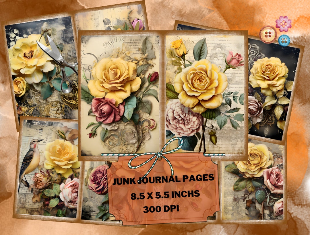 Yellow Rose Journal Pages, Printable Pages, 8.5x11 Inches, Junk Journal ...