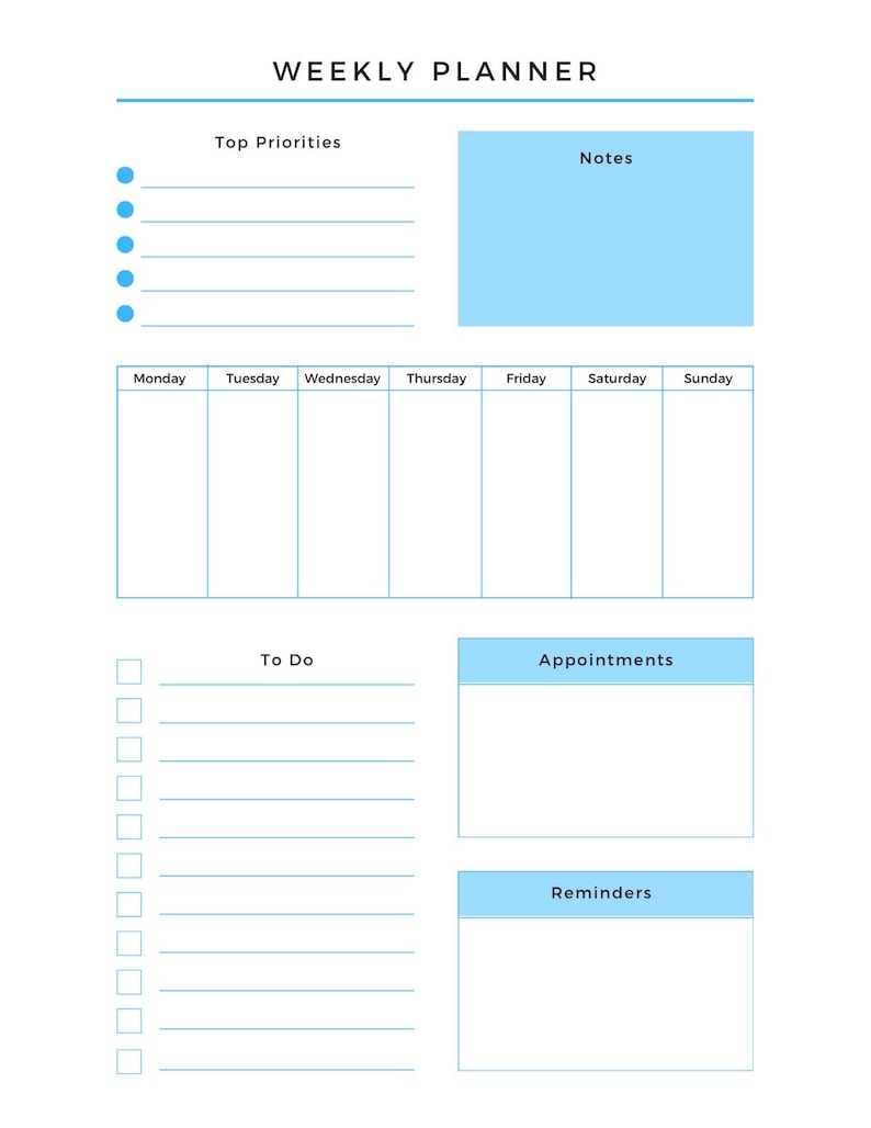 Simple Blue Weekly Planner digital Download - Etsy