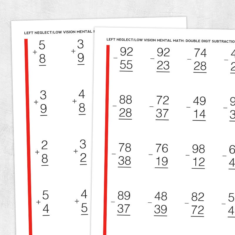 Printable Resource Left Neglect/low Vision Mental Math - Etsy