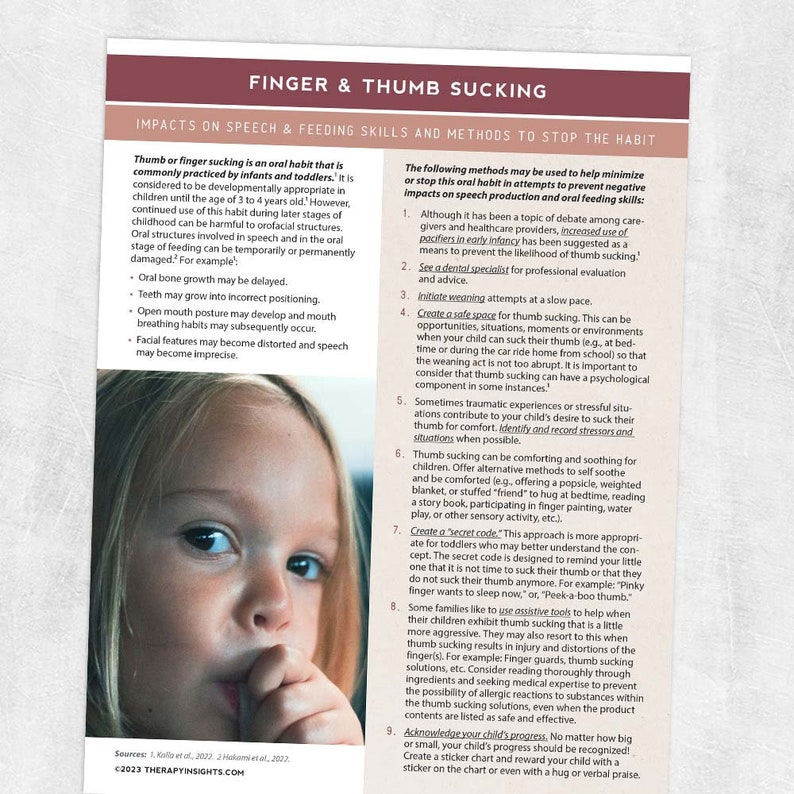Printable Resource Finger & Thumb Sucking Impacts on Speech and Feeding ...