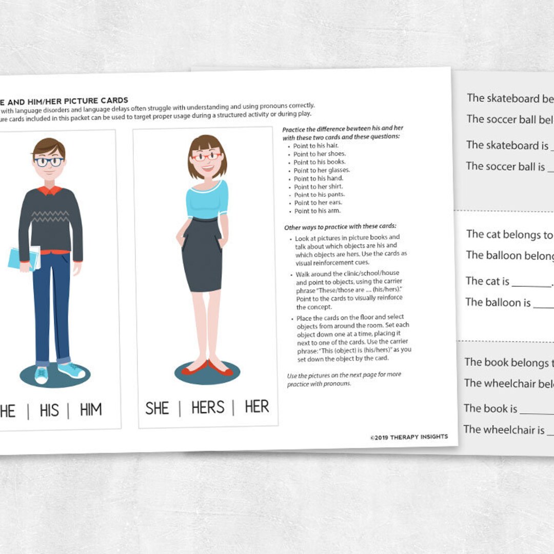 Printable Resource He/she and Him/her Pronoun Picture Cards - Etsy