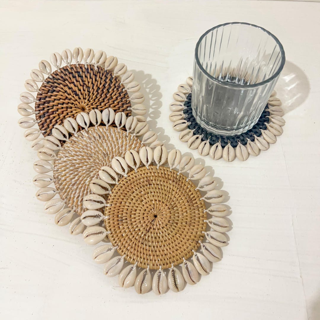 Rattan Coaster With Cowrie Shells, Round Coaster, Wicker Coffe Coaster ...