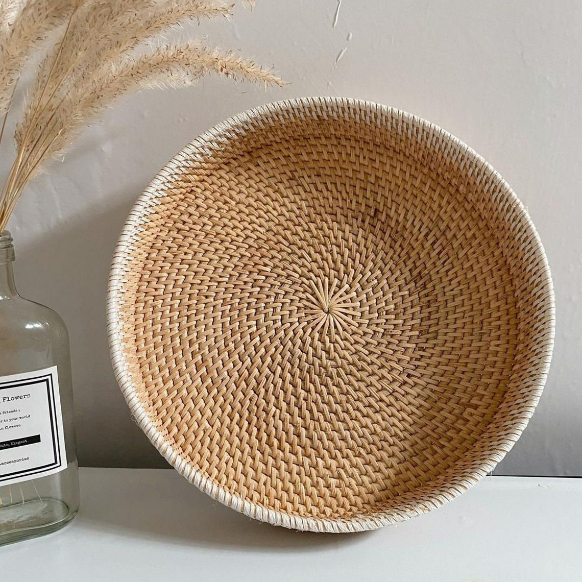Round Rattan Tray Natural Tray Serving Tray Wicker Boho - Etsy