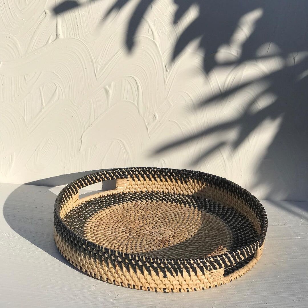 Natural Black Round Rattan, Round Wicker Tray, Serving Tray, Tray With ...