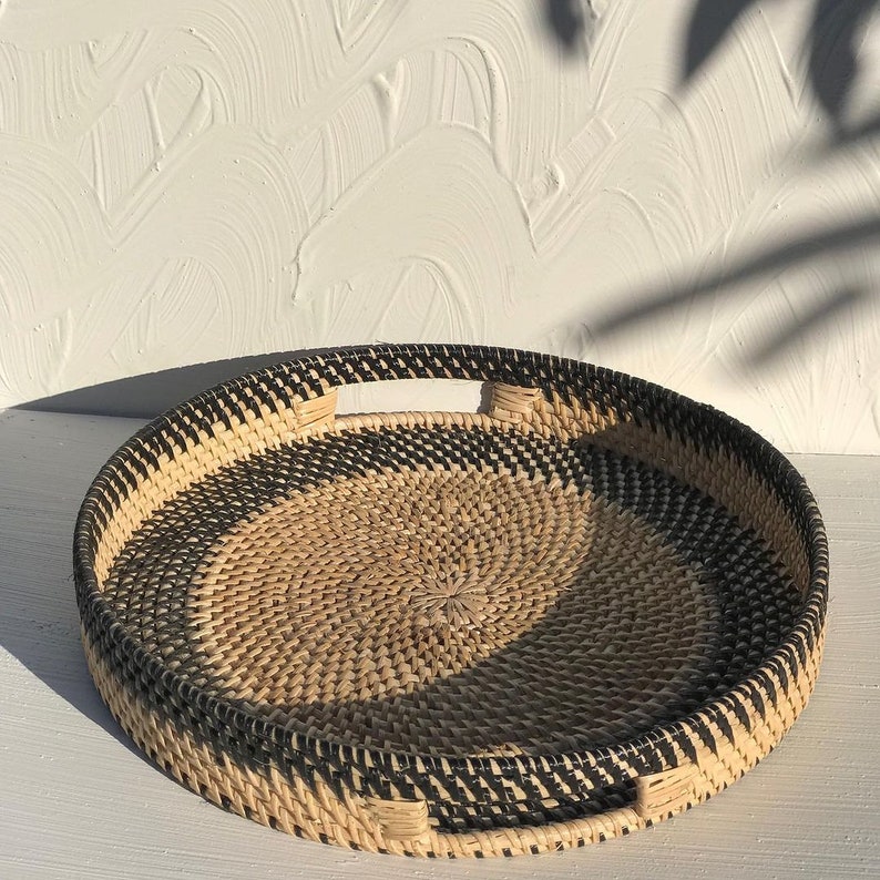 Natural Black Round Rattan, Round Wicker Tray, Serving Tray, Tray With Handle, Decorative Tray ...