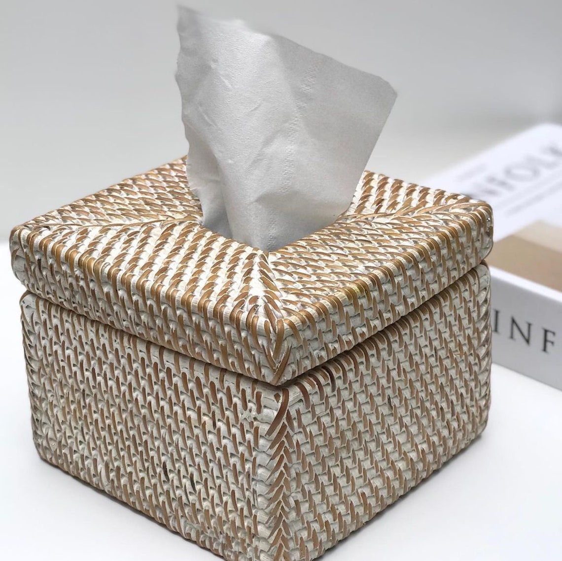 Square Rattan Tissue Box, Whitewash Tissue Box Cover, Wicker Tissue ...