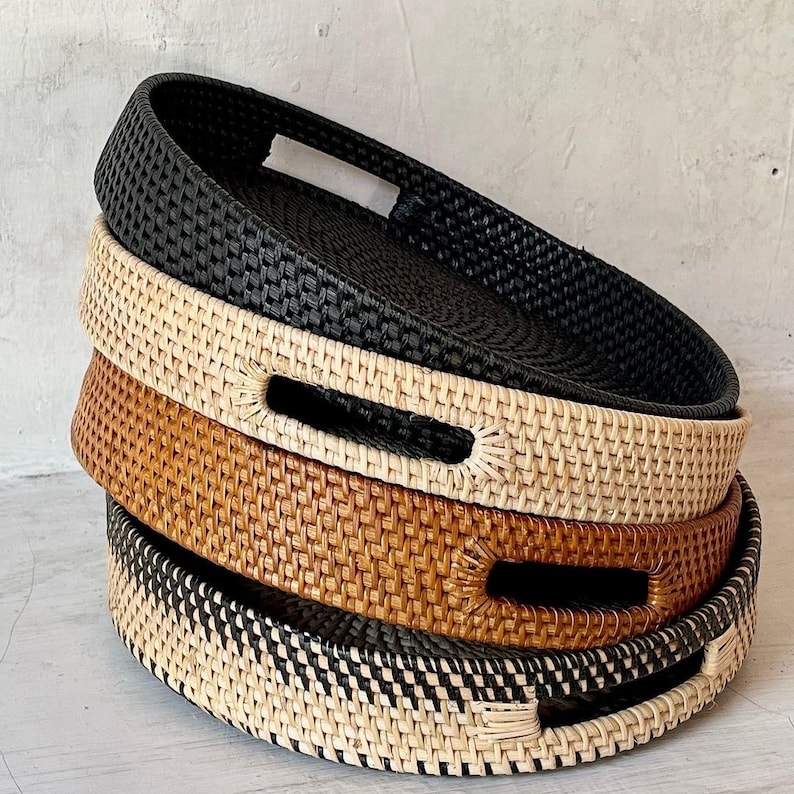 Natural Black Round Rattan Tray With Handle, Decorative Tray, Handwoven Tray - Etsy
