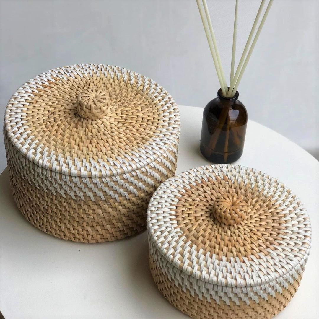 Set of 2 Round Rattan Basket, Natural Wicker Basket, Storage Basket ...