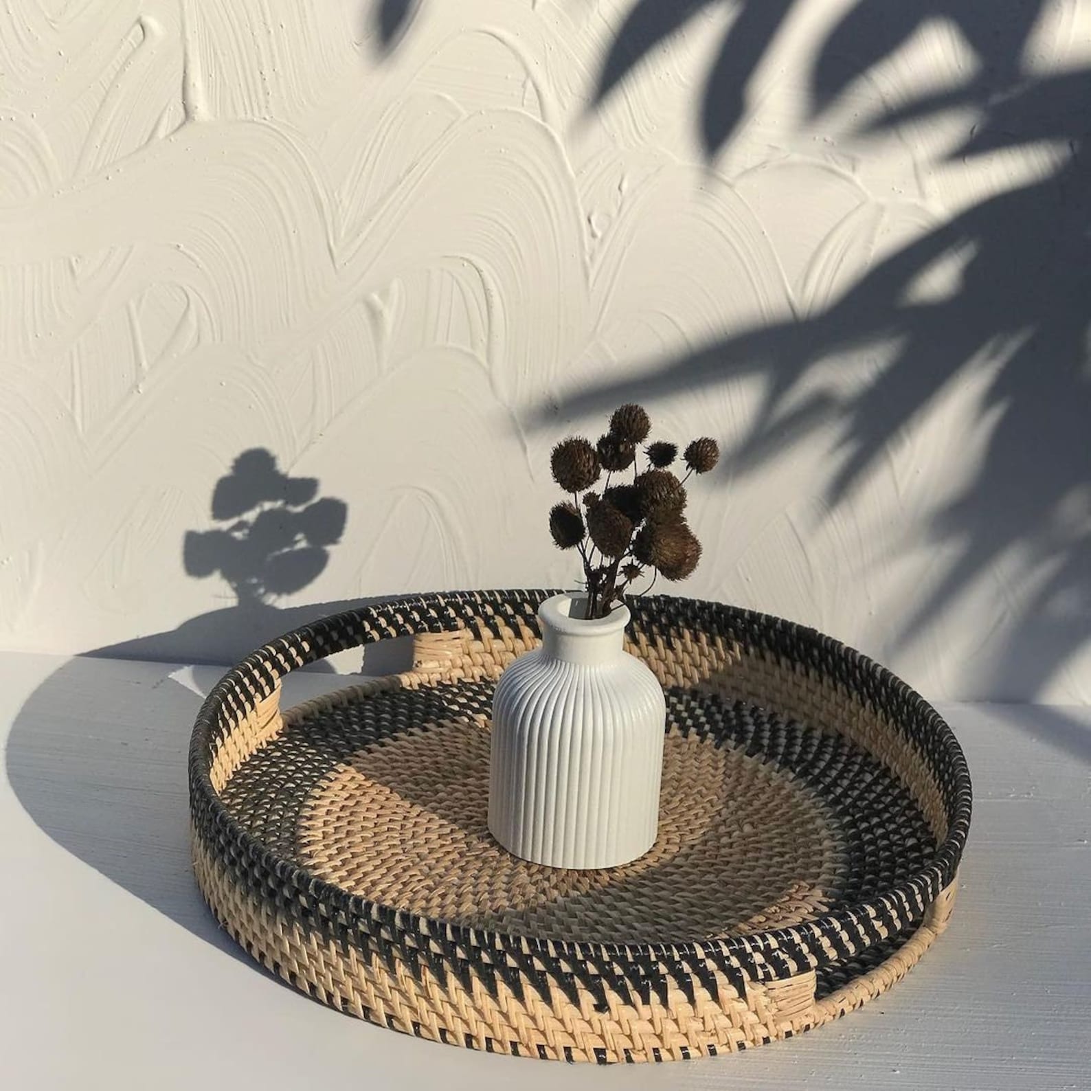 Natural Black Round Rattan Tray With Handle, Decorative Tray, Handwoven Tray - Etsy
