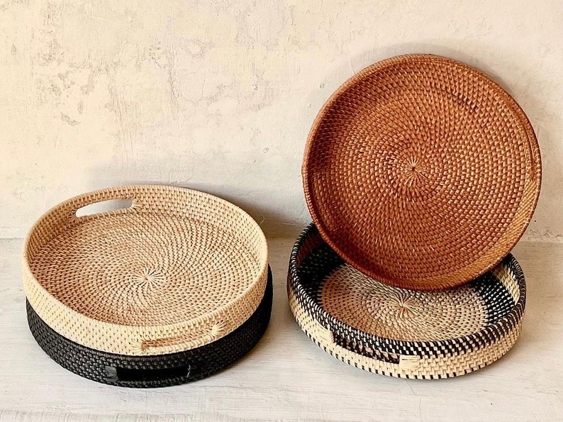 Natural Black Round Rattan Tray With Handle, Decorative Tray, Handwoven Tray - Etsy