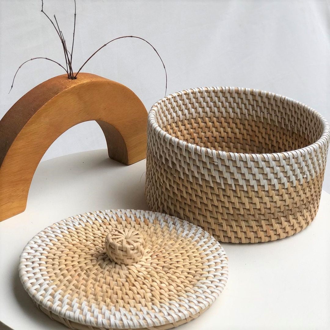 Set of 2 Round Rattan Basket, Natural Wicker Basket, Storage Basket ...
