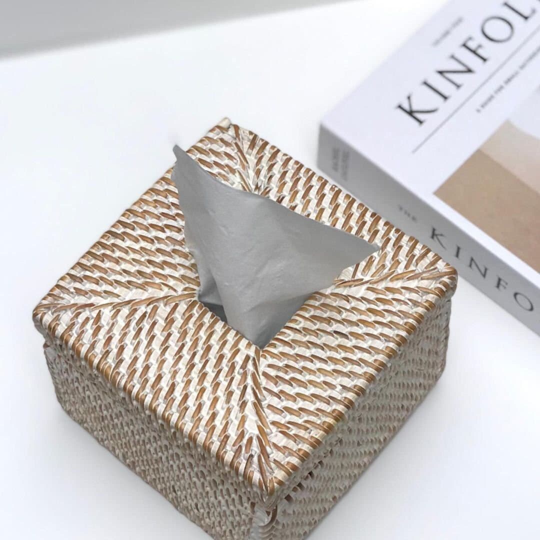 Square Rattan Tissue Box, Whitewash Tissue Box Cover, Wicker Tissue ...