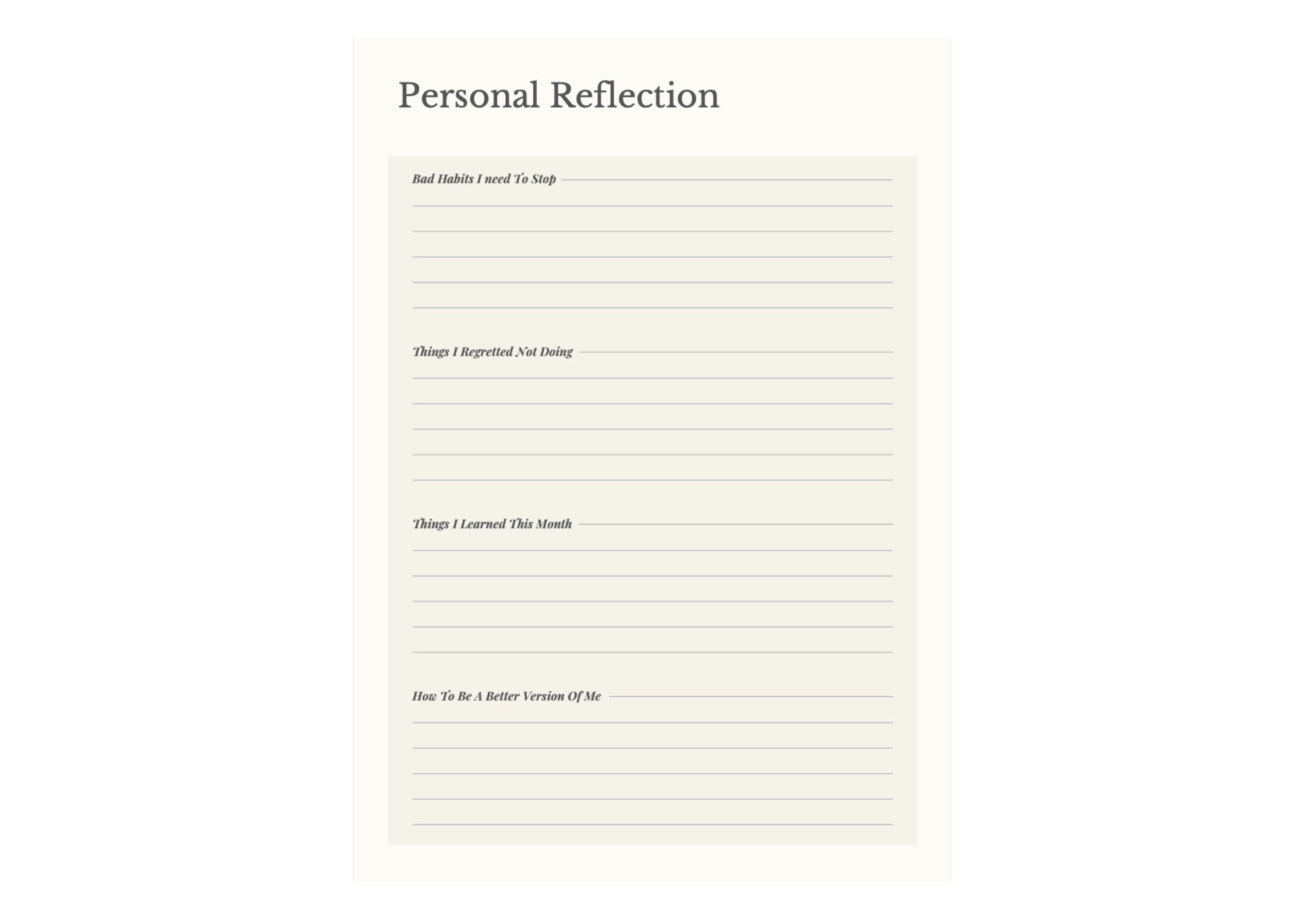 Personal Reflection Sheet Printable, Instant Download, Minimal ...