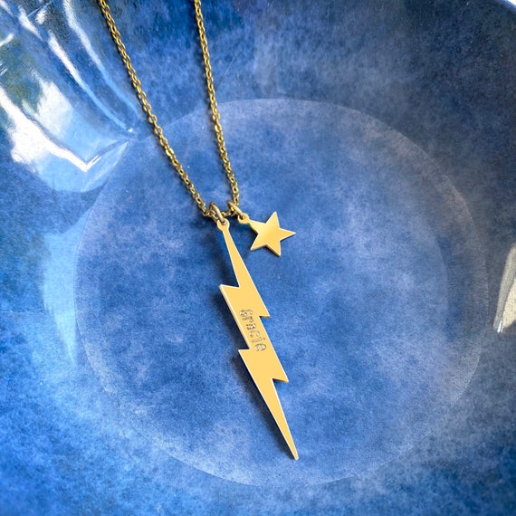 Personalised Gold Vertical Lightning Bolt Necklace with Star Valentine s Day gift anniversary gift birthday gift lightning necklace