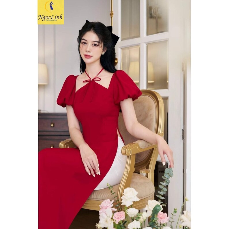 Pre-make Vietnamese Traditional Ao Dai, Red Ao Dai Yem Bow Tie With Pants for Girl Women ...