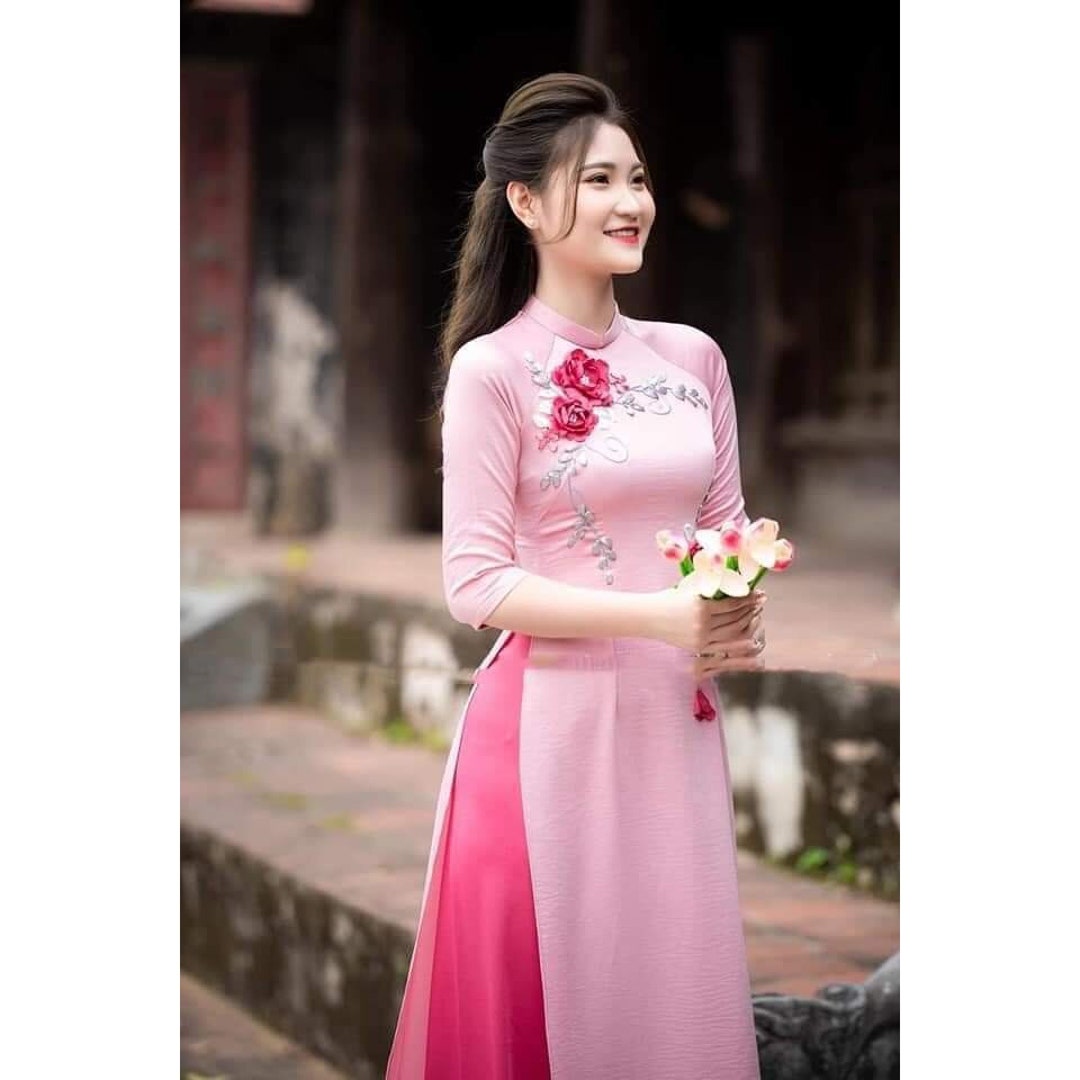 Vietnamese Traditional Ao Dai, Pink Dress, Pre-make Ao Dai Attach Flowers Beads for Women, Girls ...