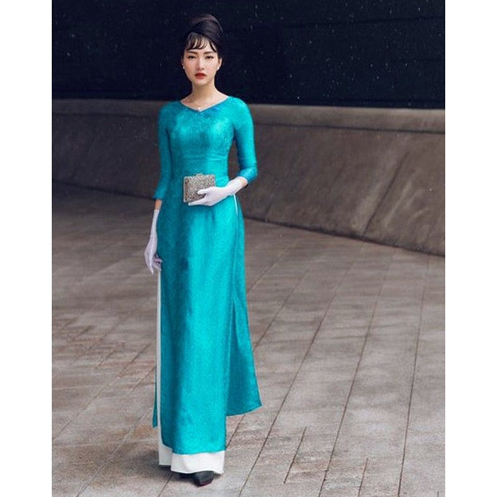 Pre-make Vietnamese Traditional Ao Dai, Floral Brocade Dress, Stylized ...
