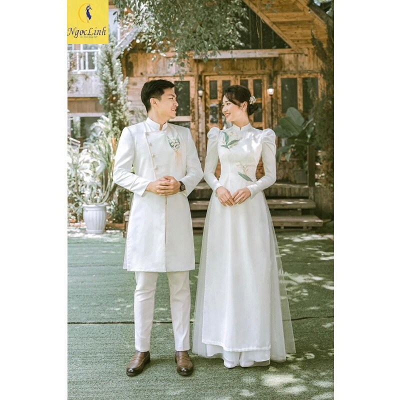 White Wedding Ao Dai Attach Flower, Bridal Dress, Men's Ao Dai, Couple ...