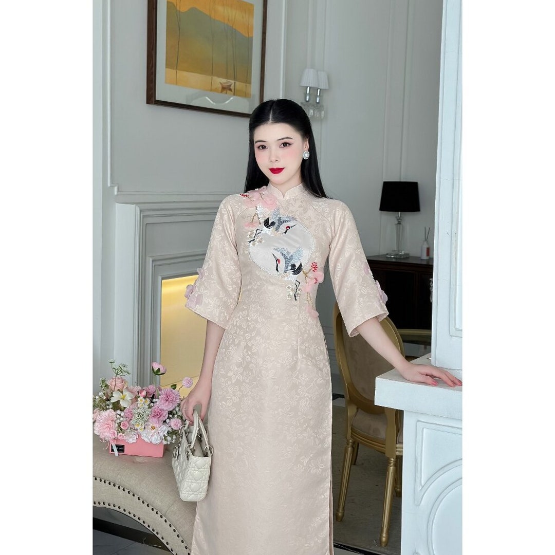 Cream Innovative Ao Dai Brocade Fabric Hand-embellished - Etsy