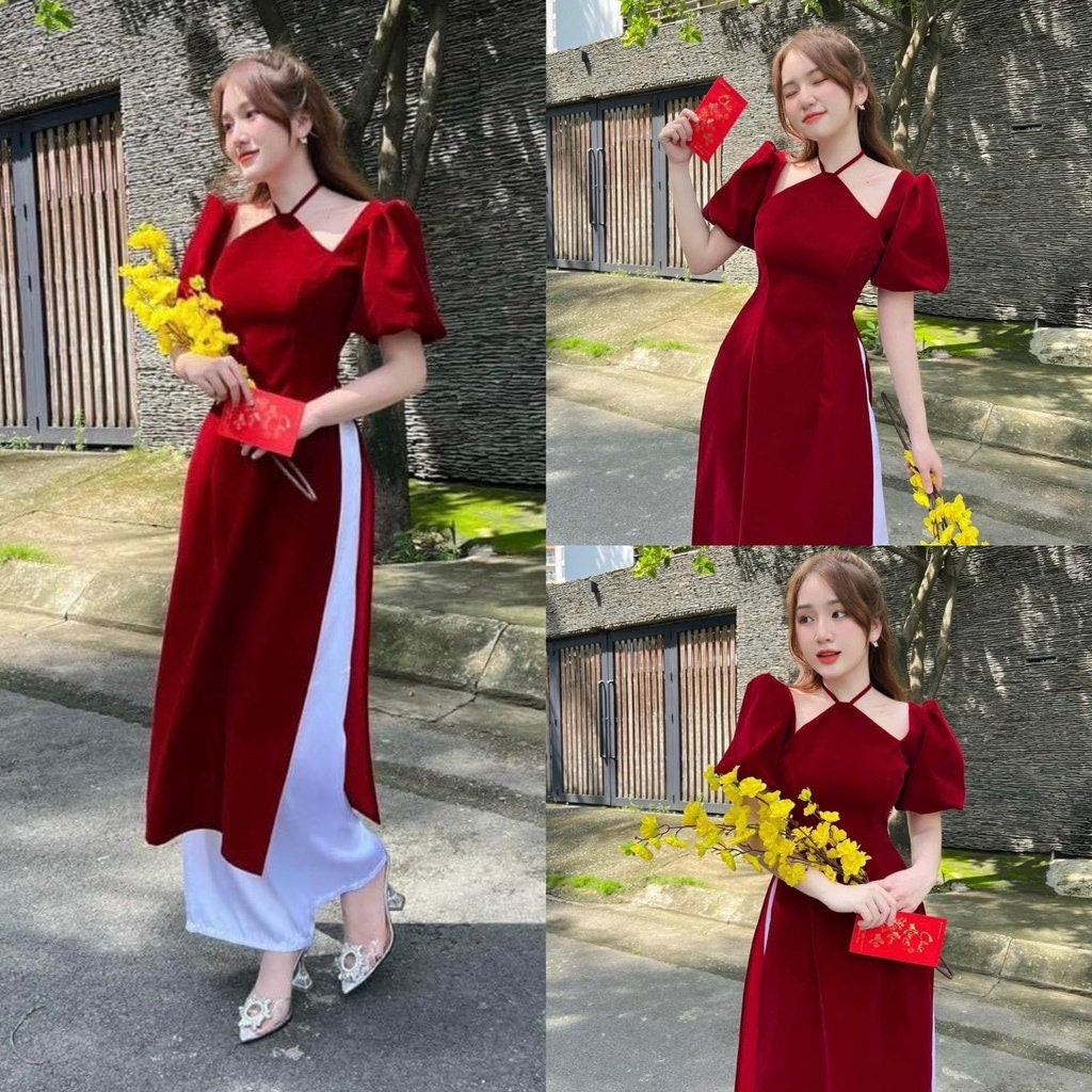 Pre-make Vietnamese Traditional Ao Dai, Red Ao Dai Yem With Pants for Girl Women Birthday ...