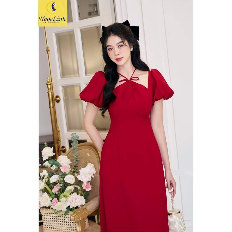 Pre-make Vietnamese Traditional Ao Dai, Red Ao Dai Yem Bow Tie With Pants for Girl Women ...
