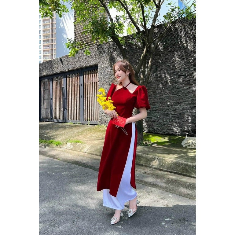 Pre-make Vietnamese Traditional Ao Dai, Red Ao Dai Yem With Pants for Girl Women Birthday ...