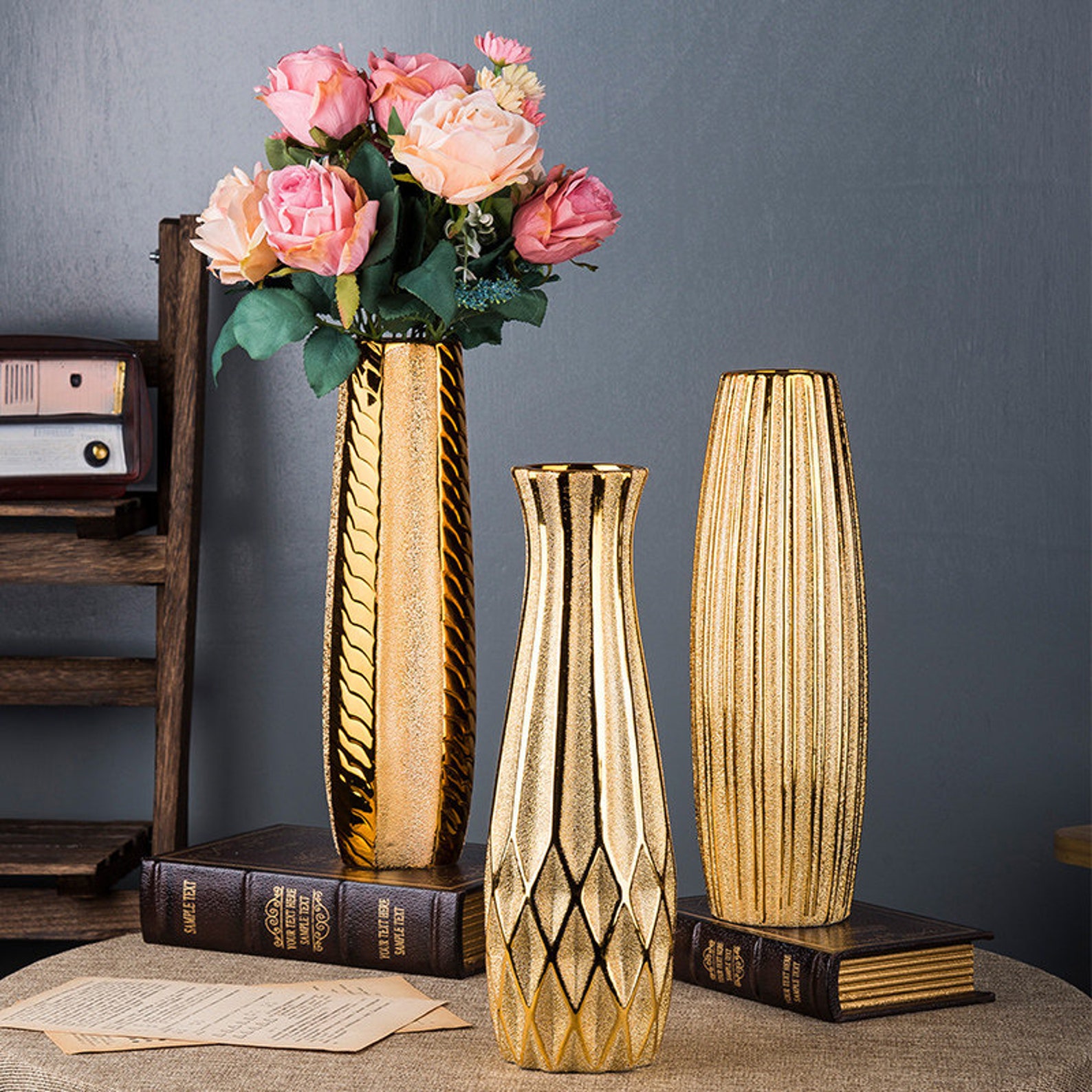 Golden Ceramic Vase Porcelain Spring Decoration Modern - Etsy