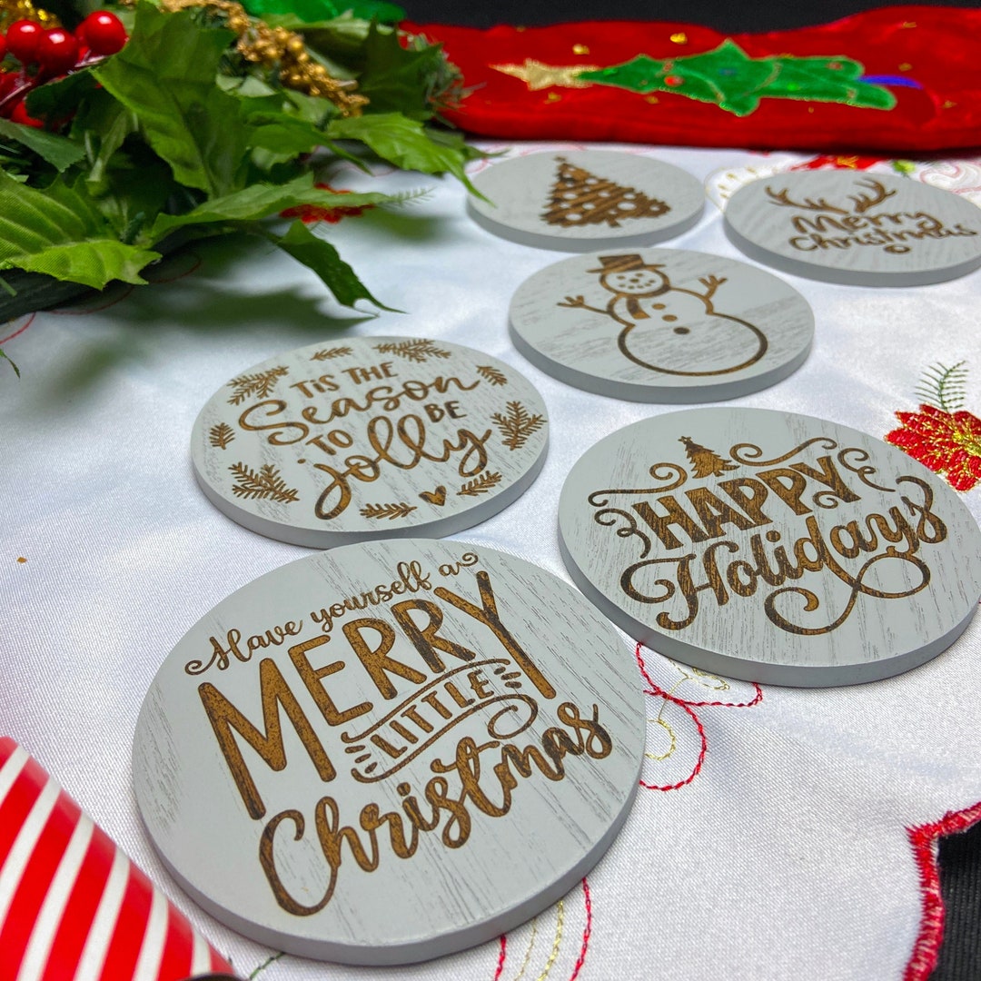 Set of 6 Wooden Christmas Coasters Snowman Drink Coasters Merry ...