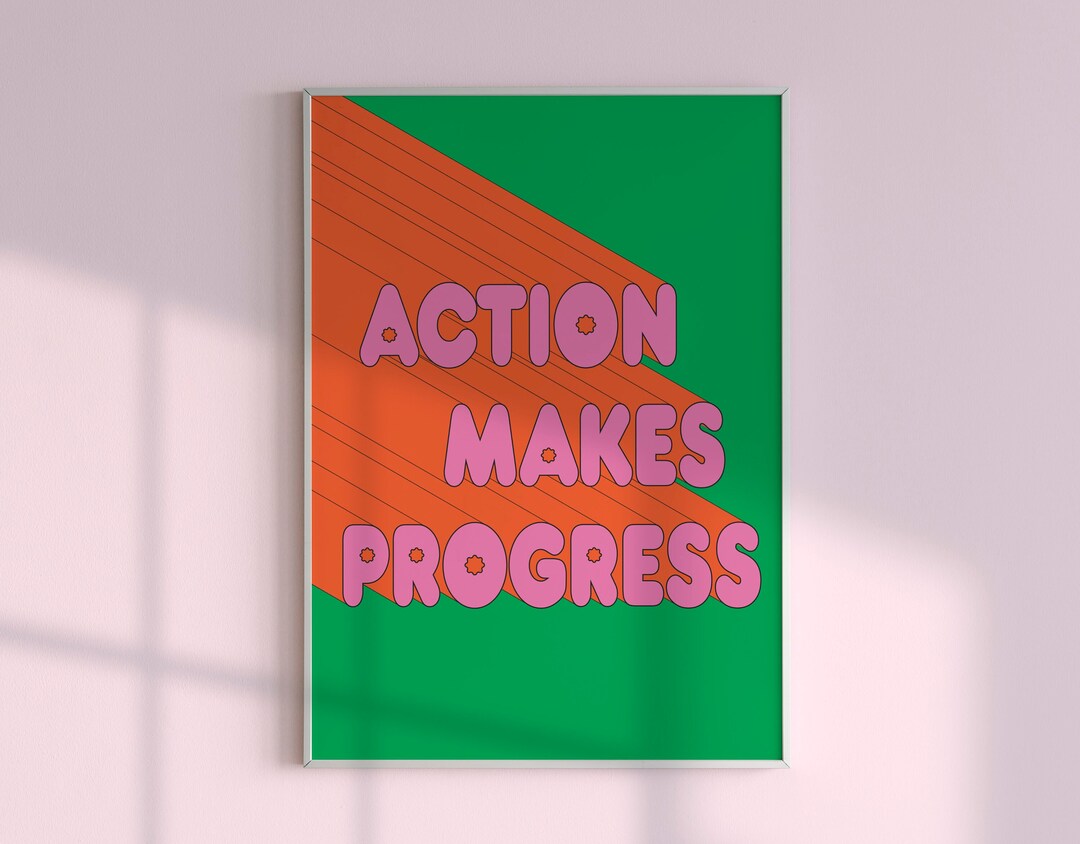 Action Makes Progress Typography, Colorful Poster, Retro Green Wall Art ...