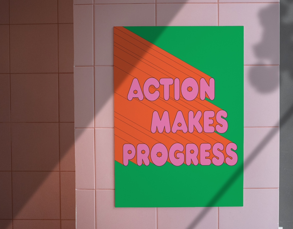 Action Makes Progress Typography, Colorful Poster, Retro Green Wall Art ...