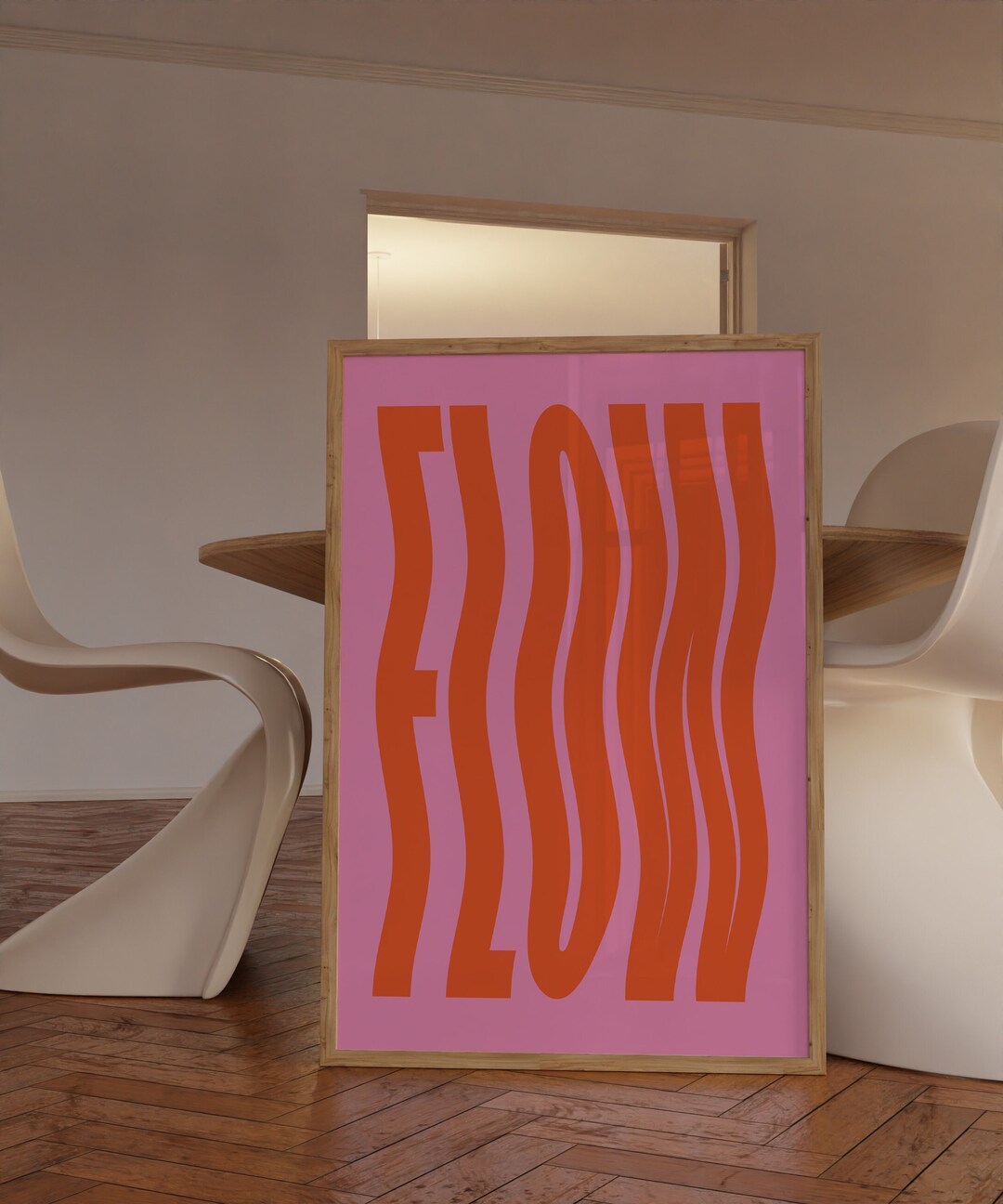 Flow Wavy Print, Retro Pink Wall Art, Retro Typography, Pink and Orange ...