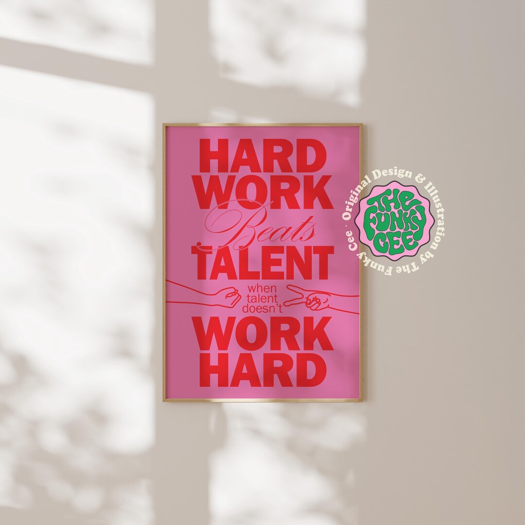 Work Hard Motivational Poster, Creative Quote, Retro Pink Wall Art ...