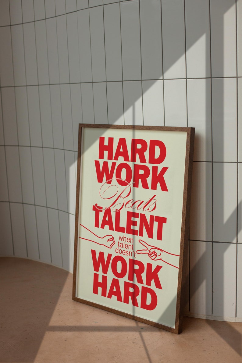 Work Hard Motivational Poster, Creative Quote, Retro Red Wall Art ...