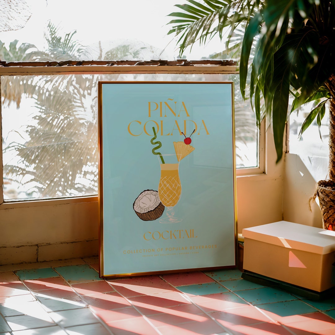 Retro Pina Colada Cocktail Print, Vintage Wall Art Design in Blue ...
