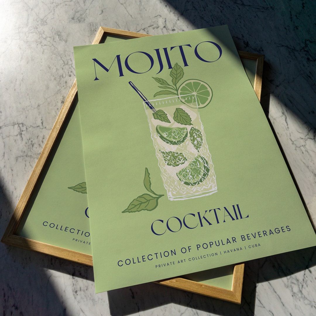 Retro Mojito Cocktail Print, Vintage Wall Art Design in Mint Green ...
