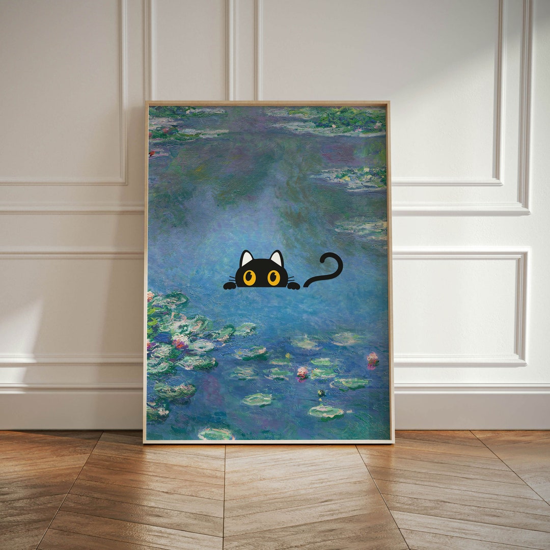 Monet Waterlily Cat Print, Claude Monet Exhibition Cat Poster, Black ...
