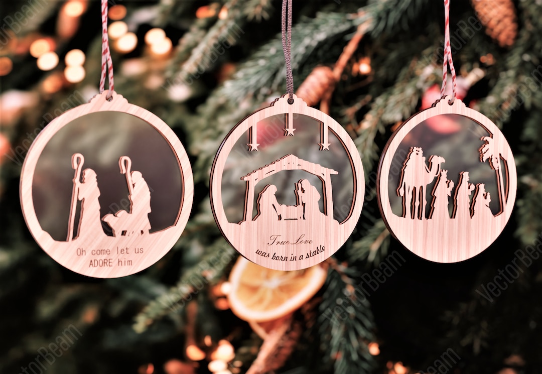 3D Laser Cut Nativity Ornaments Wood Christmas Ball 3-4mm Round Design ...