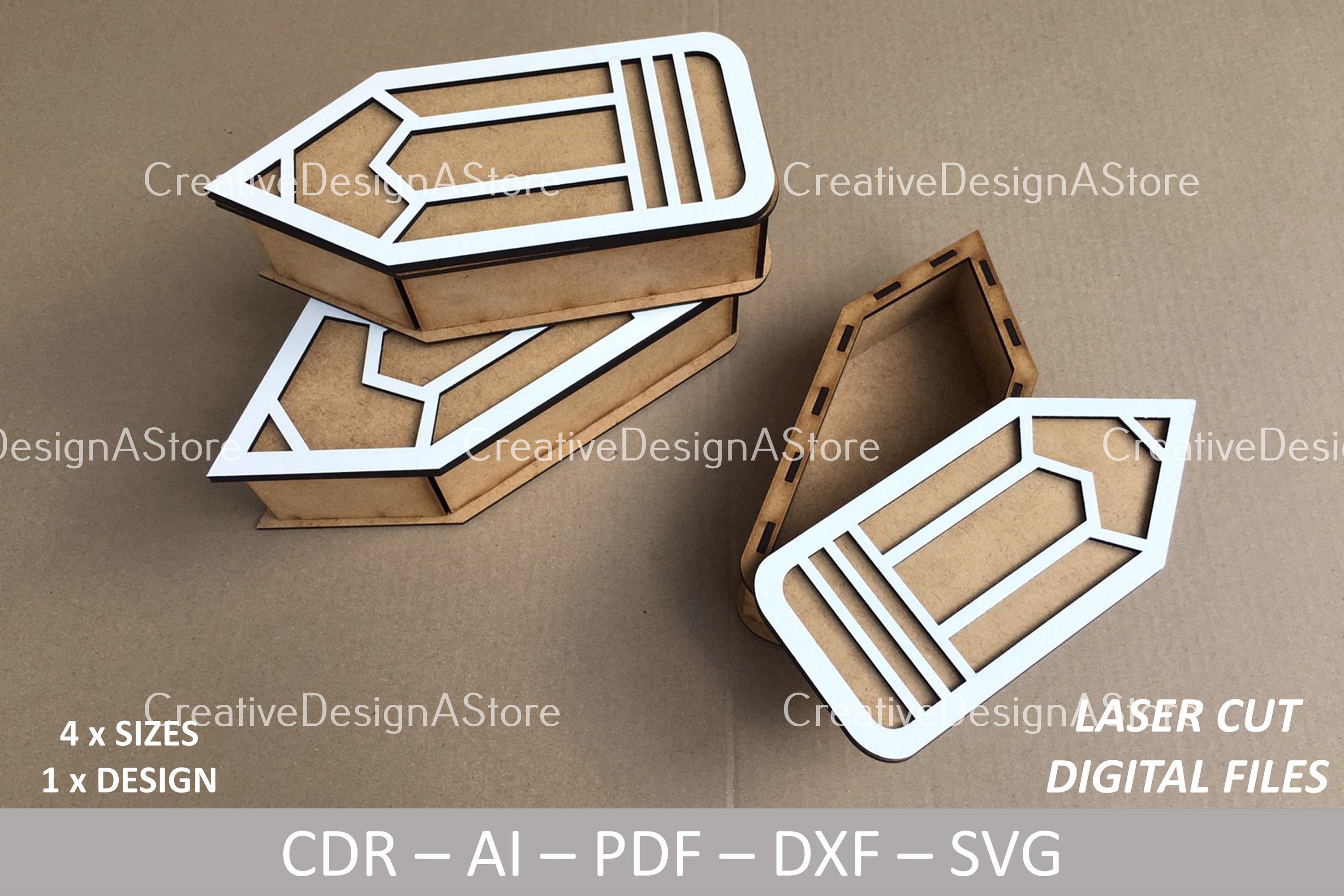 Pencil Box With Lid Laser Cut File SVG Template DXF With 1 Design in 4 ...
