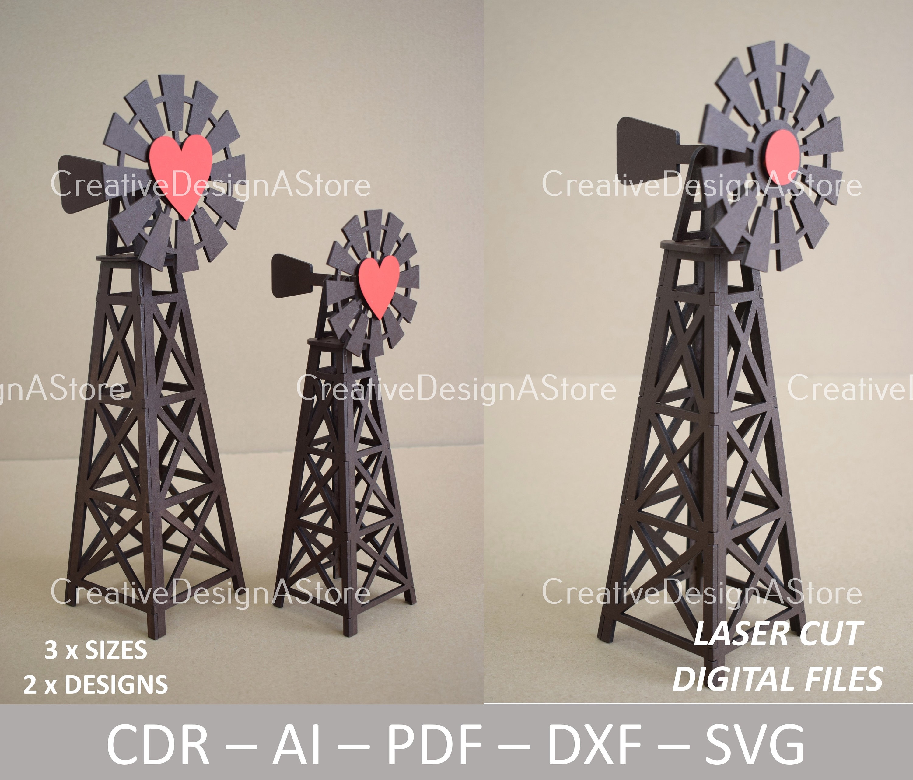 3D Turnable Windmill Puzzle Laser Cut Template DXF SVG CDR File 3 Sizes ...