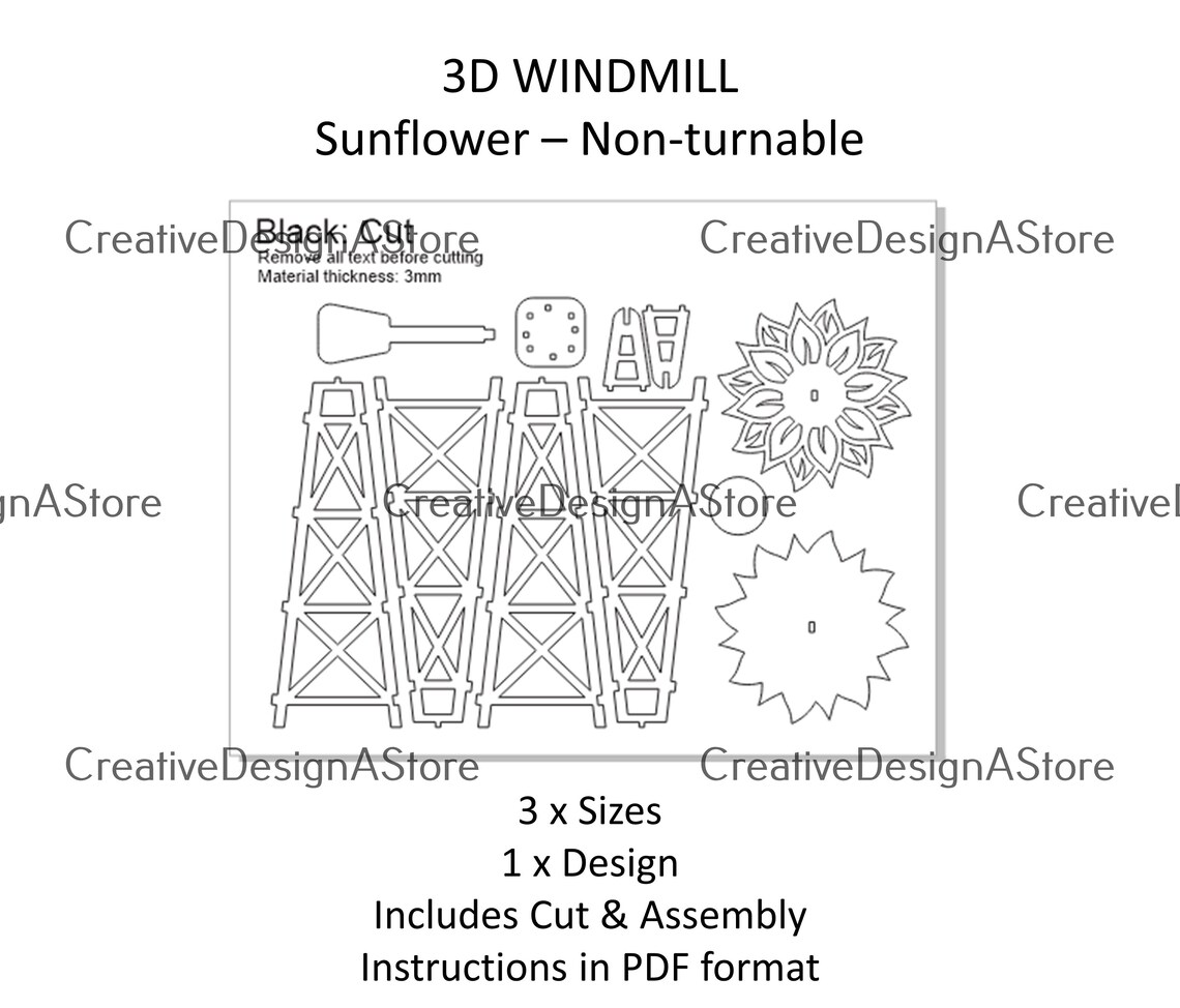 3D Sunflower Windmill Puzzle Laser Cut Template DXF SVG CDR File 3 ...