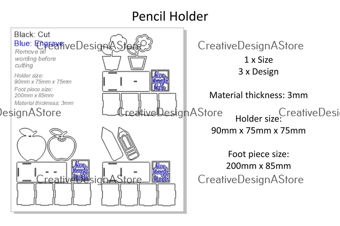 Pencil Holder Box Laser Cut Template DXF File as Teacher or Birthday ...