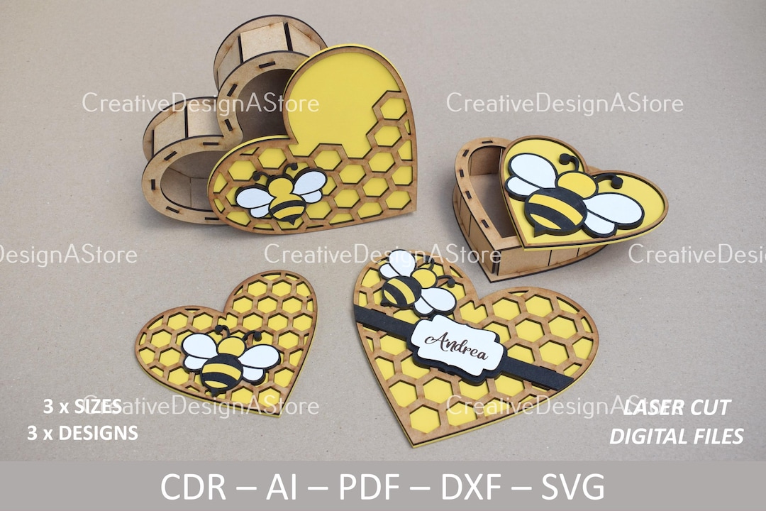 Heart Bee Hive Chocolate Box With Lid Laser Cut File Template SVG DXF ...