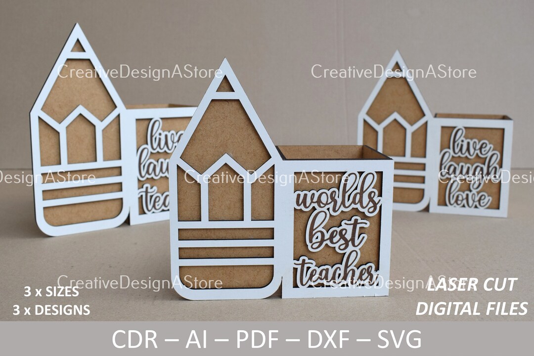 Pencil Holder Laser Cut File SVG Template DXF With 3 Designs in 3 Sizes ...