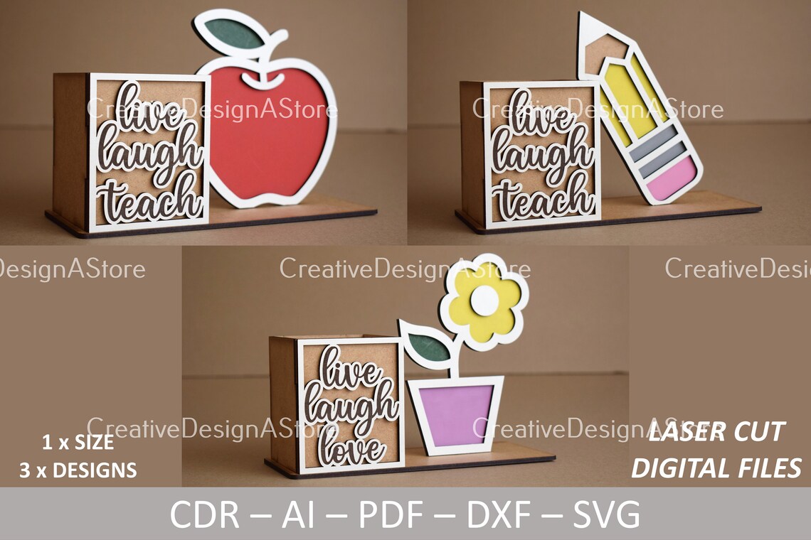Pencil Holder Box Laser Cut Template DXF File as Teacher or Birthday ...